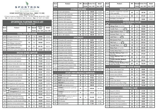 SPORTRON PARTNER PRICE LIST