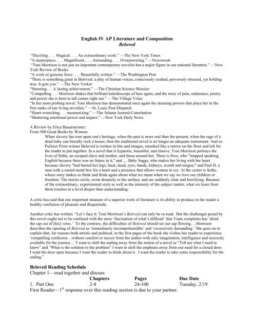 English IV AP Literature and Composition Beloved Beloved Reading ...