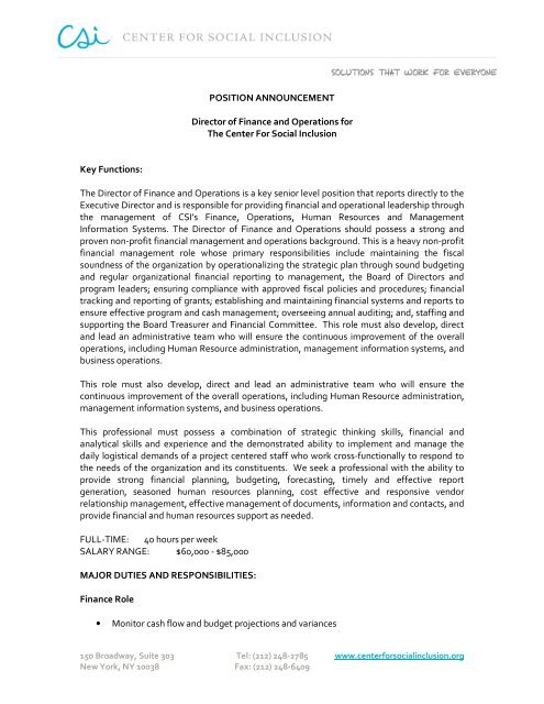 POSITION ANNOUNCEMENT Director of Finance and Operations ...