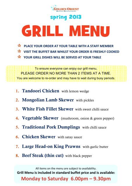 NEW Spring Grill Menu - Golden Orient Buffet Restaurant