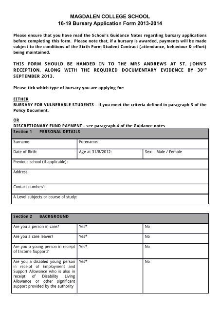 Sixth Form Bursary application form - Magdalen College School