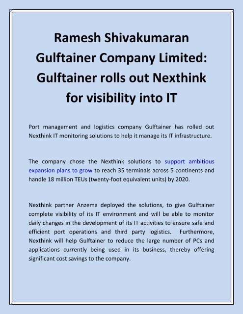 Ramesh Shivakumaran Gulftainer Company Limited: Gulftainer rolls out ...