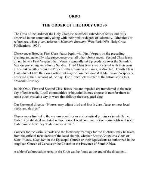 ORDO THE ORDER OF THE HOLY CROSS - Holy Cross Monastery