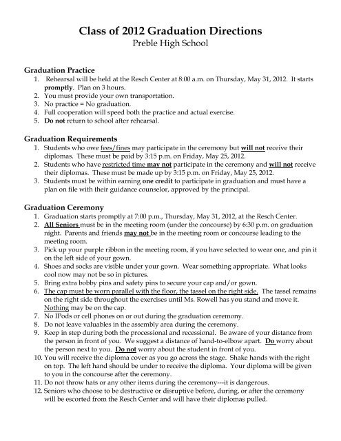 Class of 2012 Graduation Directions - Green Bay Preble High School