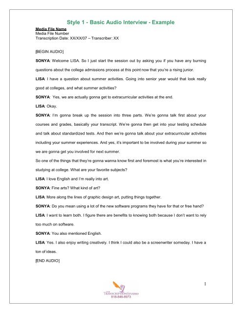 Style 1 - Basic Audio Interview - Example - Transcription Studio