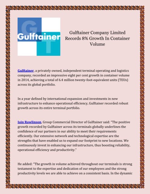 Gulftainer Company Limited Records 8% Growth In Container Volume