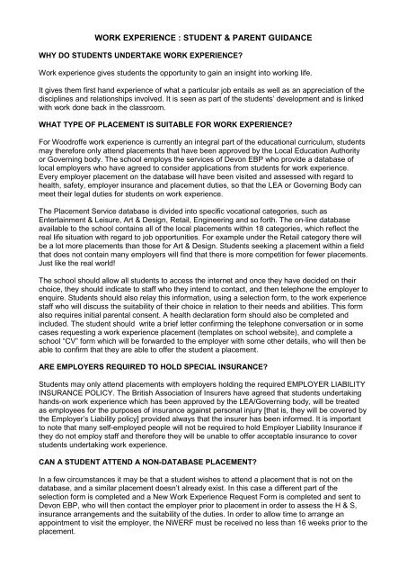 work experience : student & parent guidance - The Woodroffe School