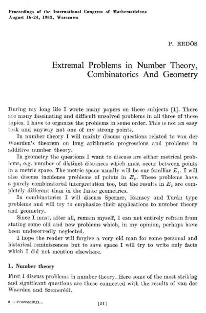 Extremal Problems In Number Theory Combinatorics And Geometry
