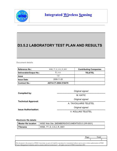 Laboratory Test Plan And Results, Public Version ... - WISE-Project