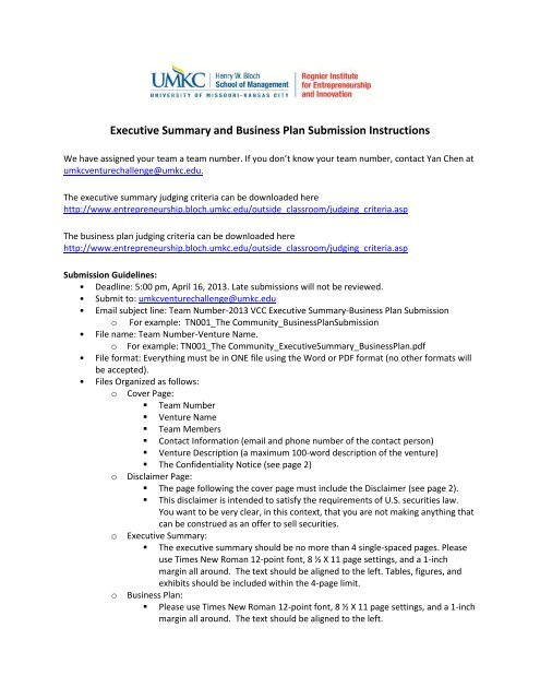Executive Summary and Business Plan Submission Instructions