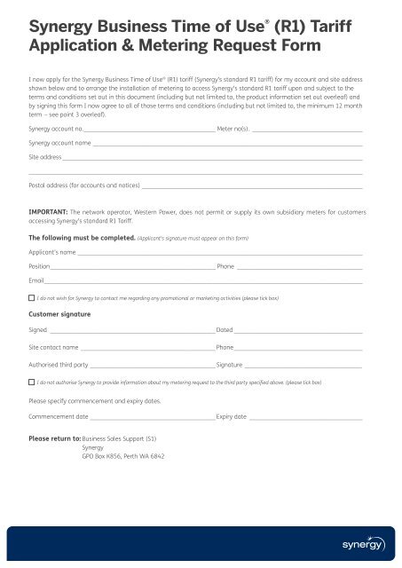R1 Metering Request Form - Synergy