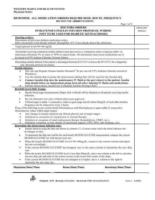 IV Insulin Protocol WMRMC - Western Maryland Health System