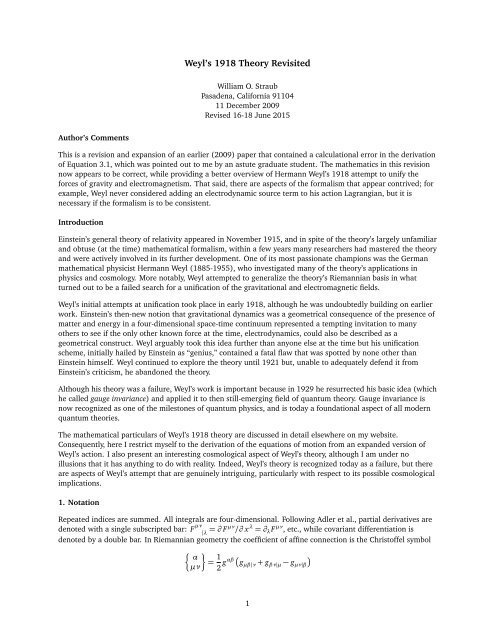 Weyl's 1918 Theory Revisited - Hermann Weyl