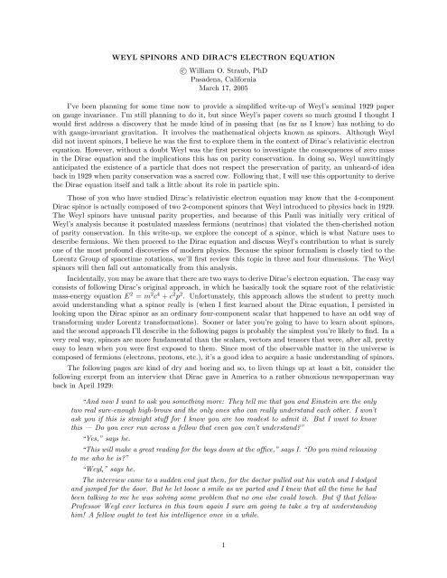 Weyl Spinors and Dirac's Equation - weylmann.com