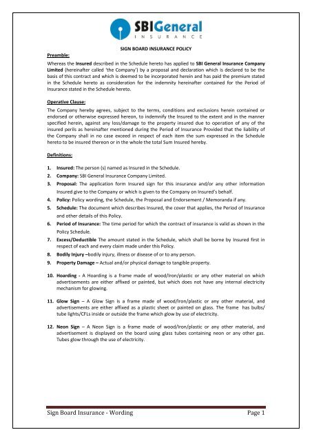Sign Board Insurance - Wording Page 1 - IRDA
