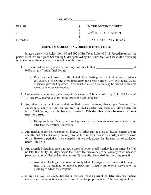 Uniform Scheduling Order Level 1 or 2 - Grayson County, Texas