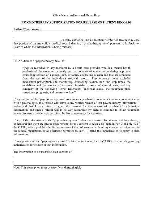Psychotherapy Authorization for Release of Patient Records