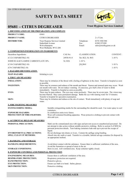safety data sheet 05681 citrus degreaser - Trust Hygiene Services