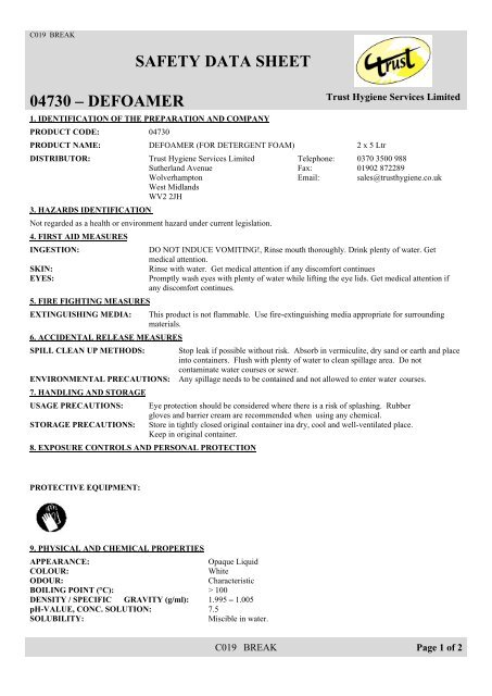SAFETY DATA SHEET 04730 DEFOAMER - Trust Hygiene Services