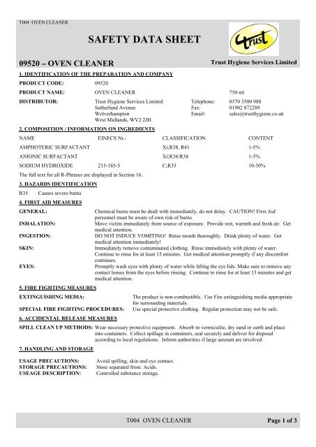safety data sheet 09520 oven cleaner - Trust Hygiene Services