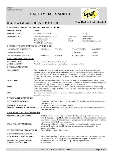 safety data sheet 03400 glass renovator - Trust Hygiene Services
