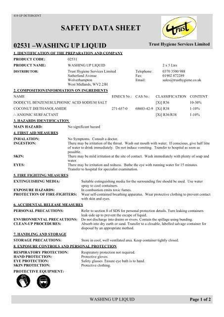 safety data sheet 02531 washing up liquid - Trust Hygiene Services