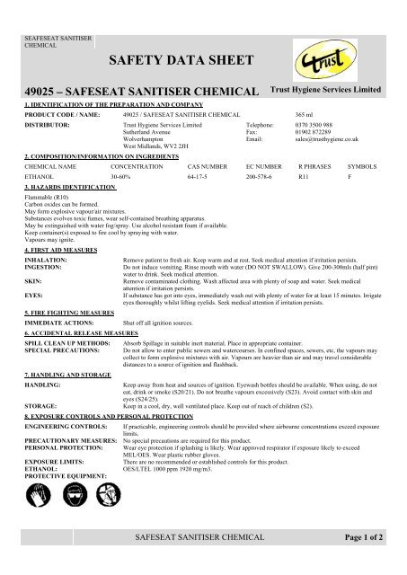 SAFETY DATA SHEET - Trust Hygiene Services