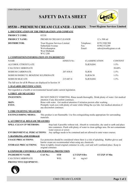 SAFETY DATA SHEET - Trust Hygiene Services