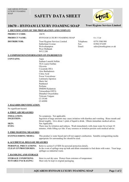 SAFETY DATA SHEET - Trust Hygiene Services
