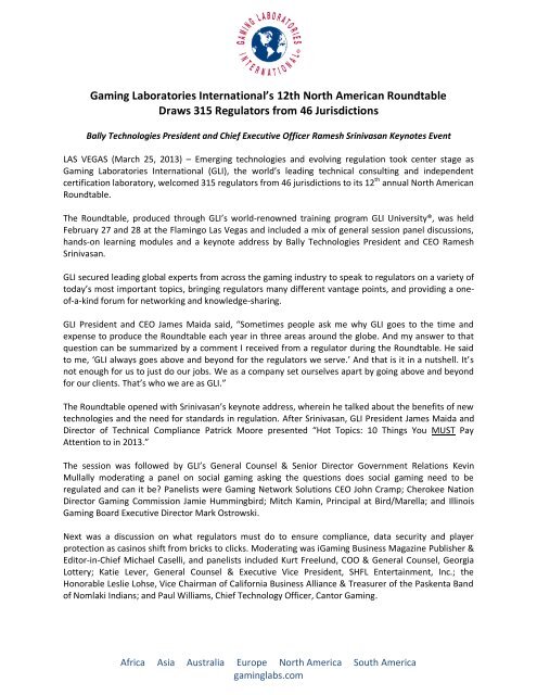Gaming Laboratories International's 12th North American ...
