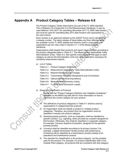 Appendix A Product Category Tables â Release 4.6 - TL 9000