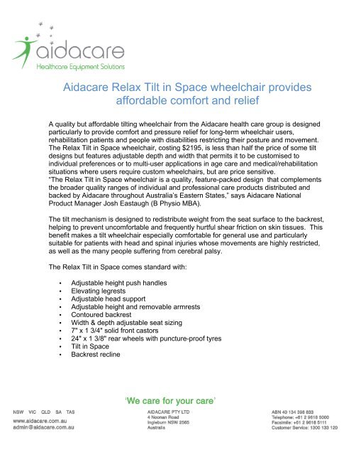 Aidacare Relax Tilt in Space wheelchair provides affordable comfort ...