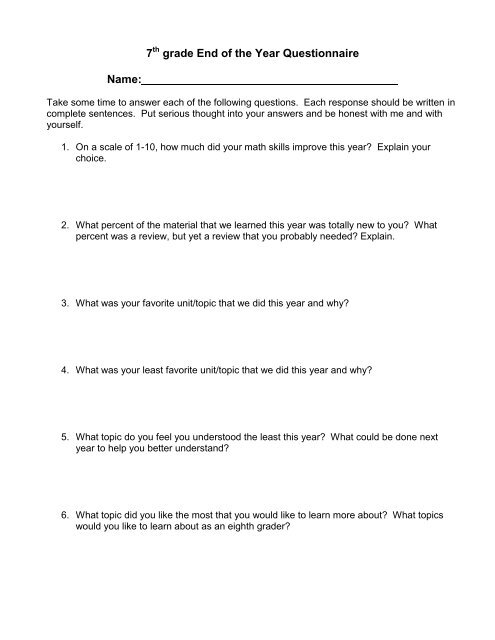 7th grade End of the Year Journal Evaluation