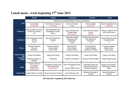 Lunch menu - week beginning 17 June 2013 - Trinity School Lunch menu - week beginning 17 June 2013 - Trinity School