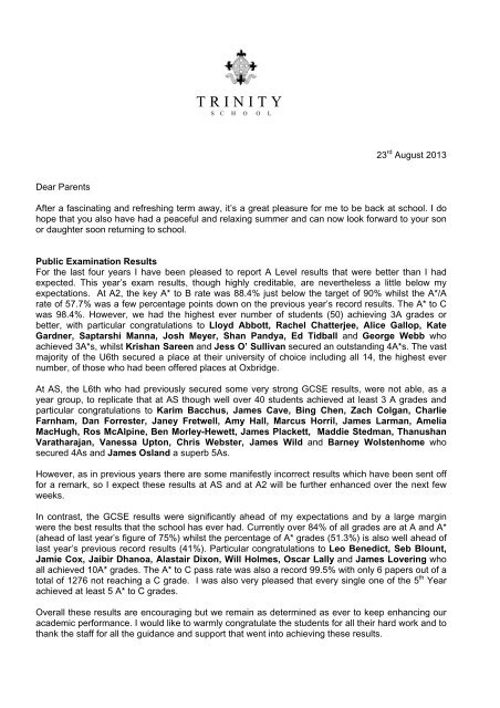 Headmaster's Beginning of Term Letter - Trinity School
