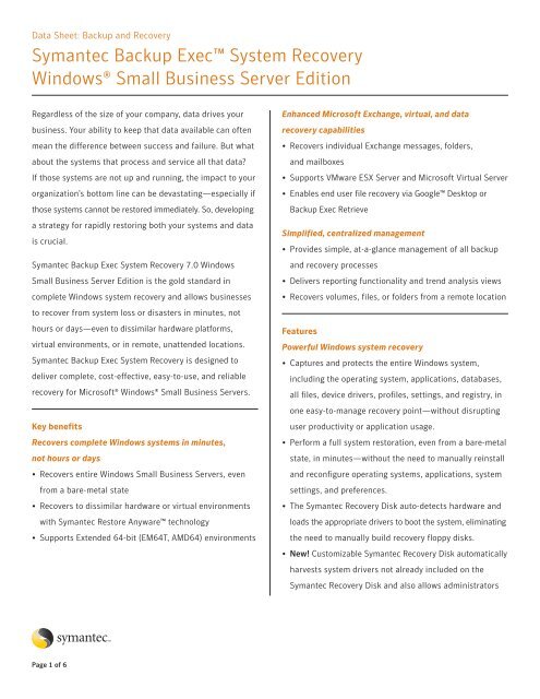 Data Sheet: Backup And Recovery Symantec Backup Exec