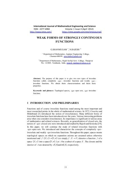 WEAK FORMS OF STRONGLY CONTINUOUS FUNCTIONS ... - ijmes