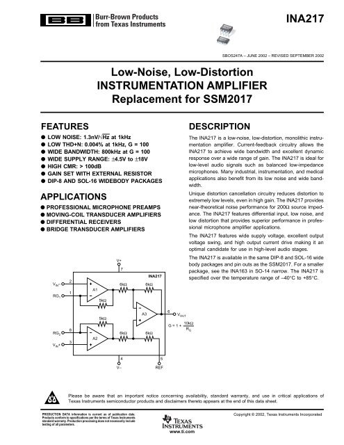 INA217: Low Noise, Low-Distortion Instrumentation ... - Komponenten