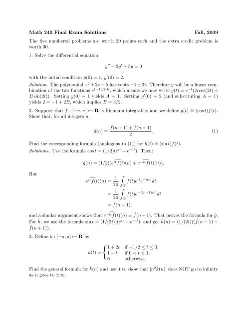 Math 240 Final Exam Solutions Fall, 2009 The five numbered ...