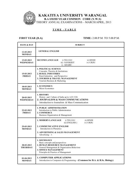 ( ba,bbm,bcom & bsc) annual exam time table -2013 - Kakatiya ...