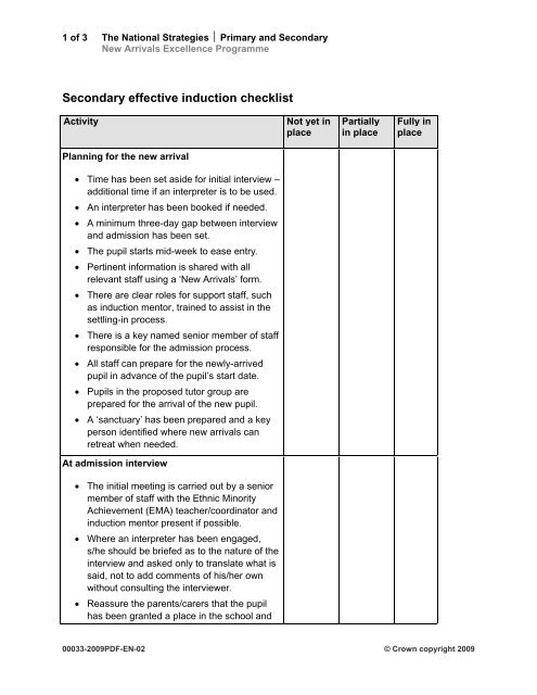 Primary effective induction checklist
