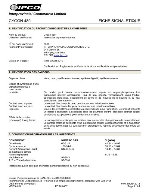 CYGON 480 FICHE SIGNALETIQUE - IPCO