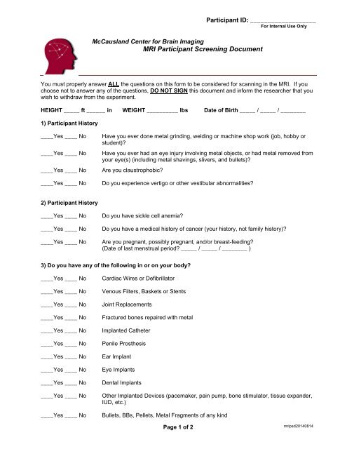MRI safety screening form - McCausland Center MRI safety screening form - McCausland Center
