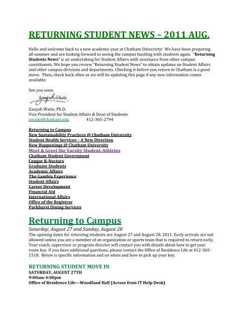 RETURNING STUDENT NEWS â 2011 AUG ... - Chatham Blogs