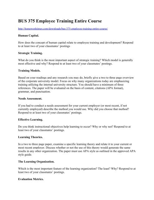 BUS 375 Employee Training Entire Course