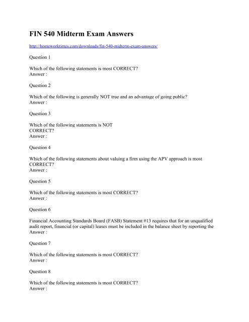 FIN 540 Midterm Exam Answers