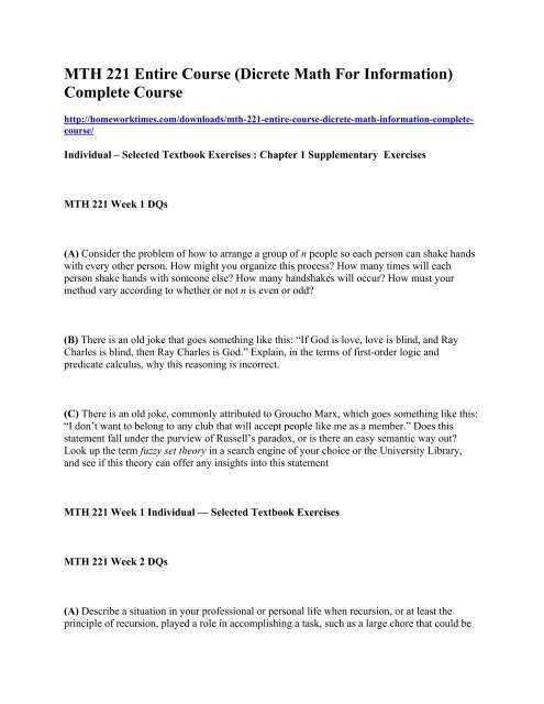 MTH 221 Entire Course (Dicrete Math For Information) Complete Course