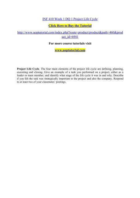 INF 410 Week 1 DQ 1 Project Life Cycle