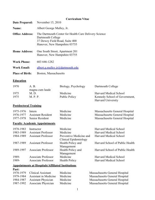 Albert G. Mulley CV - The Dartmouth Institute for Health Policy and ...