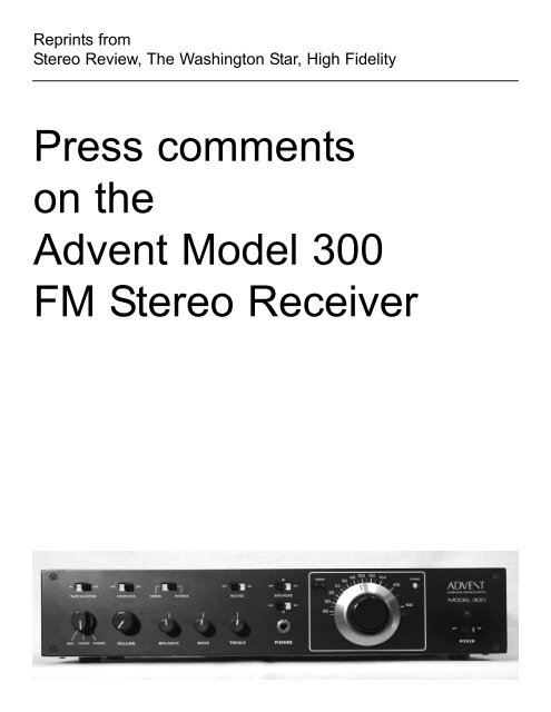 Press Comments on the Advent Model 300 FM ... - Davidreaton.com